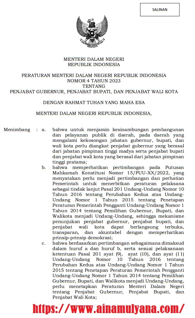 PERMENDAGRI Nomor 4 Tahun 2023 Tentang Penjabat Gubernur, Penjabat ... PERMENDAGRI Nomor 4 Tahun 2023 Tentang Penjabat Gubernur, Penjabat ...